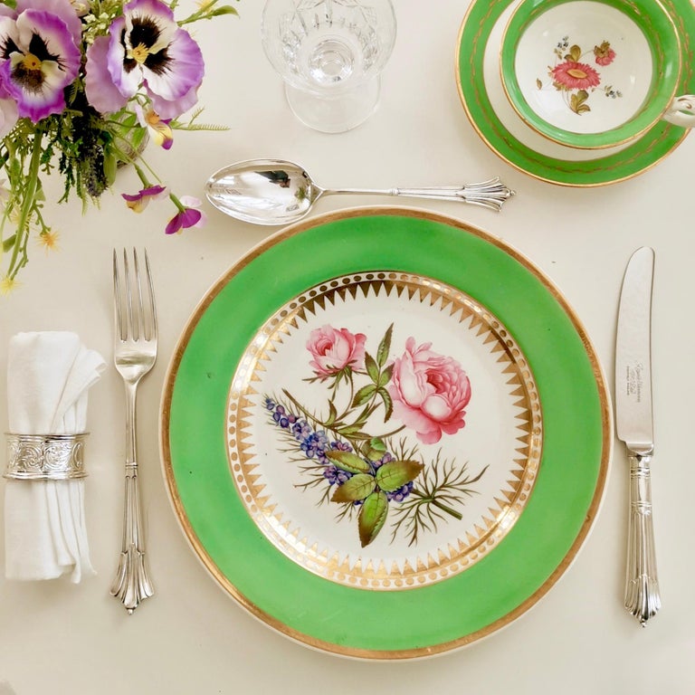 Hicks and Meigh Porcelain Plate, Green with Hand Painted Rose, Regency ...