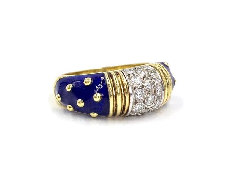 Hidalgo 18 Karat Diamond and Blue Enamel Ring For Sale at 1stDibs