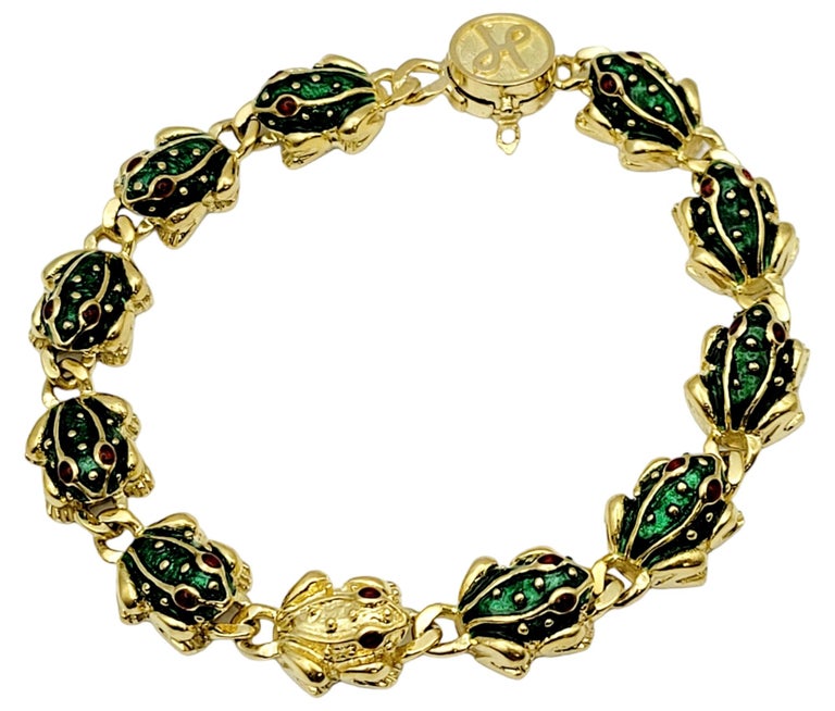 Hidalgo 18 Karat Yellow Gold 3D 11 Frog Link Bracelet with Green and ...