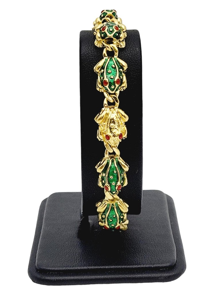 Hidalgo 18 Karat Yellow Gold 3D 11 Frog Link Bracelet with Green and ...