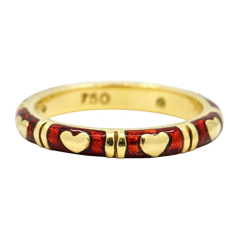 Hidalgo 18 Karat Yellow Gold Red Enamel Hearts Band Ring at 1stDibs