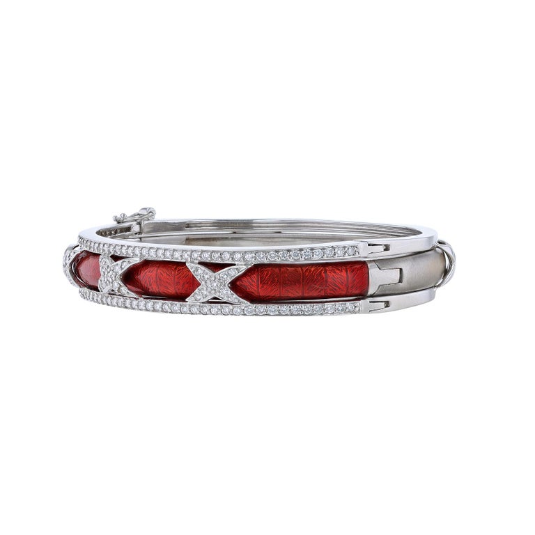 Hidalgo 18K White Gold Diamond Jacket with Red Enamel Insert Bangle Set ...