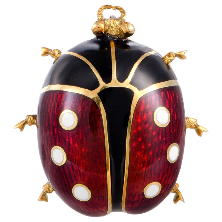 Hidalgo Ladybug 18 Karat Yellow Gold and Enamel Brooch at 1stDibs
