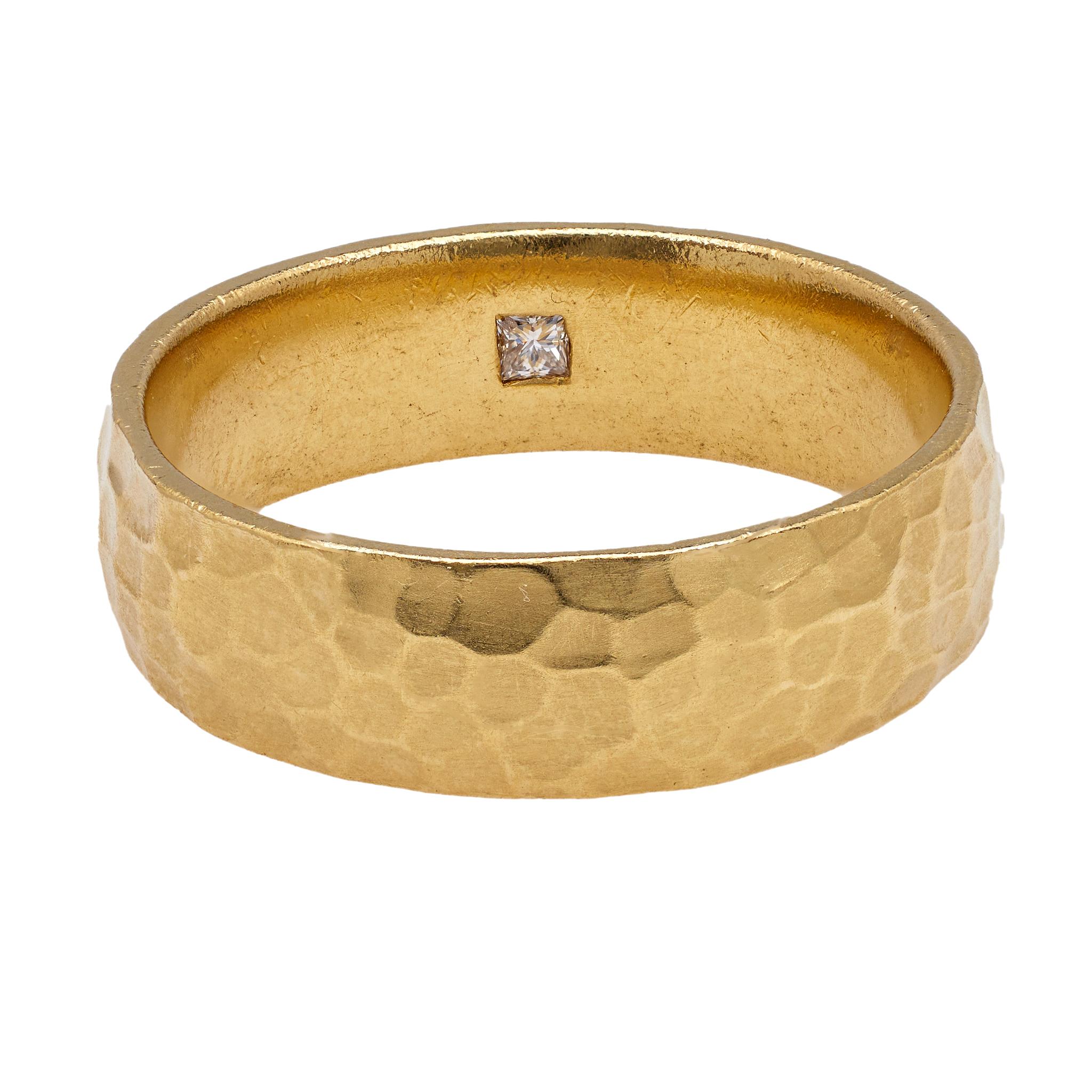 Hidden Diamond 18k Yellow Gold Hammered Band at 1stDibs