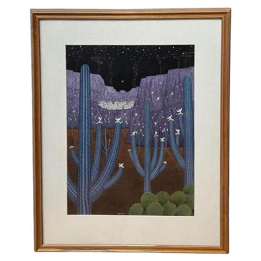 "Hidden Village" Night Desert View with Blue Cactus and Purple Mountain ...
