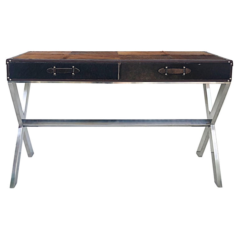 Hide-Covered Chrome X-Frame Writing Desk Console with Drawers at 1stDibs