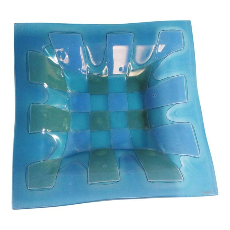 Higgins Art Glass Tray in Aqua and Blue Patchwork For Sale at 1stDibs