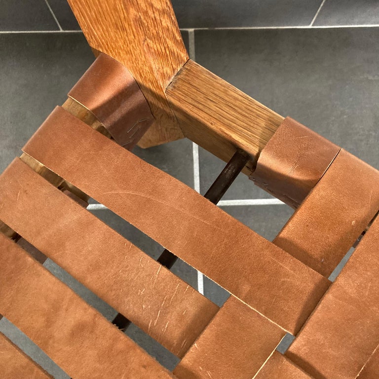 High Back Lounge Chair, Leather Webbed and Solid Oak Wood in the Style ...