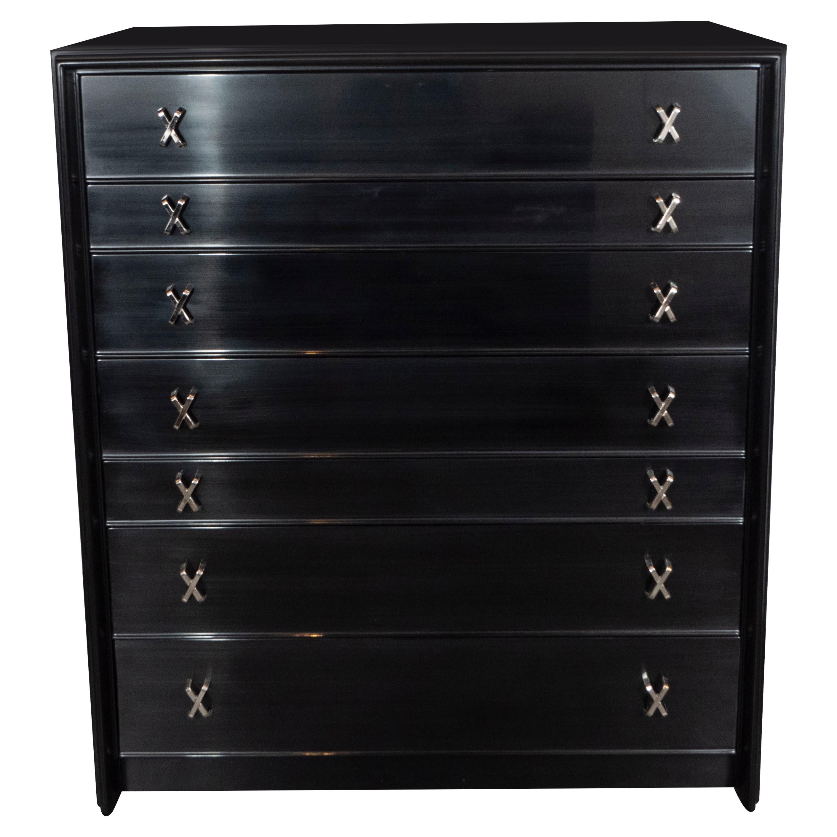 High Chest in Ebonized Walnut with Nickel "X" Fittings by Paul Frankl ...