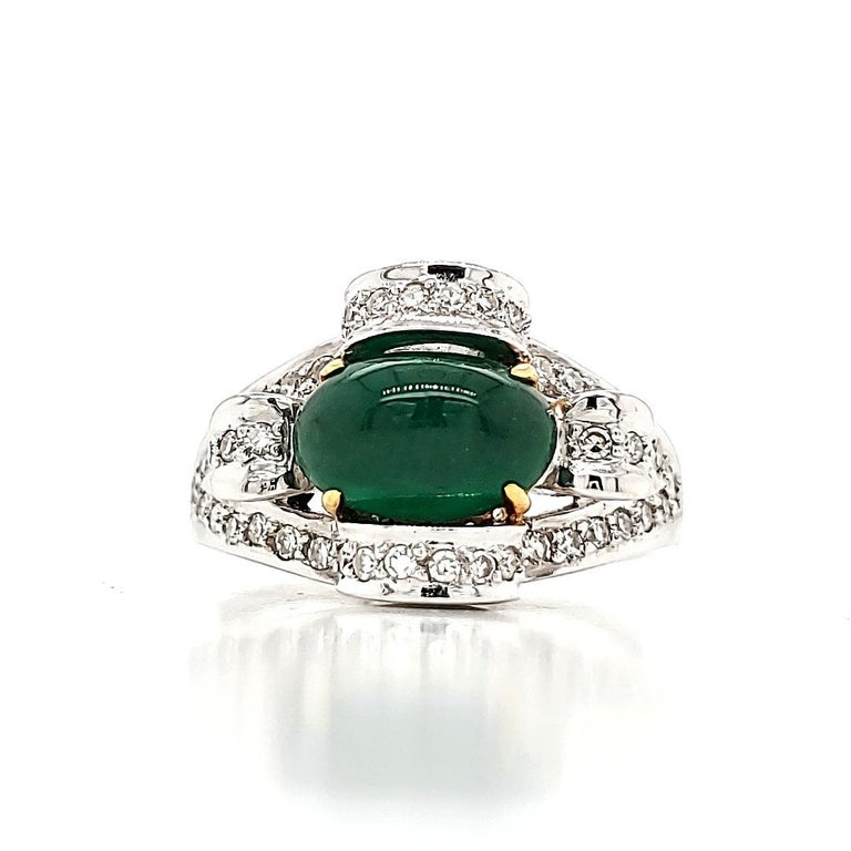 High Dome Oval Emerald Cab Ring with Diamonds and Gold For Sale at 1stDibs