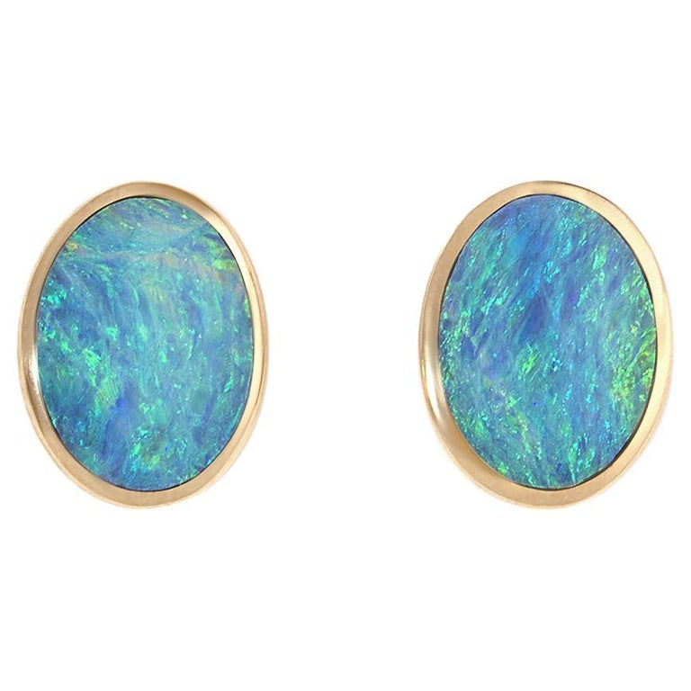 High Grade 'Five-Star' Oval, Australian Opal Post Earrings, 14kt Gold ...