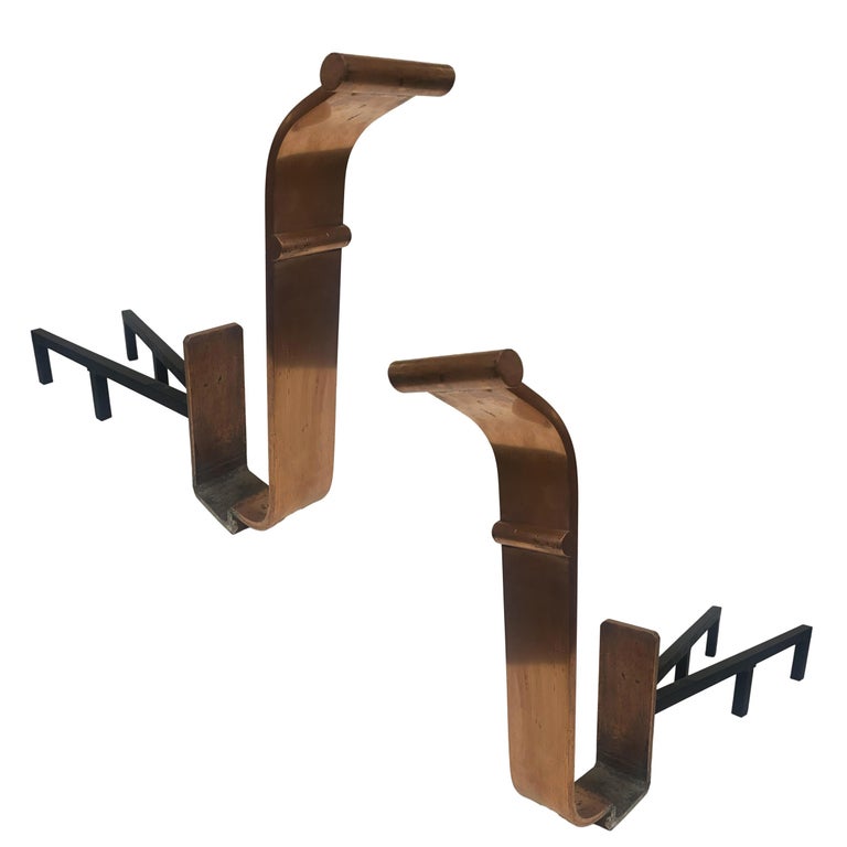 High Style Art Deco Modernist Copper and Iron Firedogs / Andirons ...