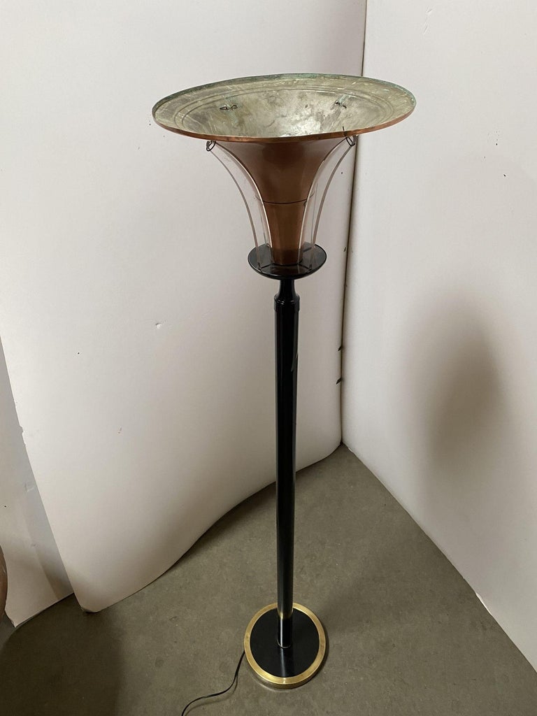 High Style Brass and Copper Art Deco Torchiere Floor Lamp w/ Acrylic ...