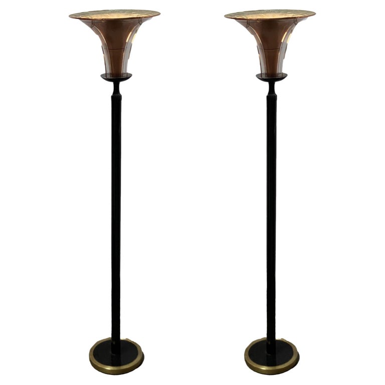 High Style Brass and Copper Art Deco Torchiere Floor Lamp w/ Acrylic ...