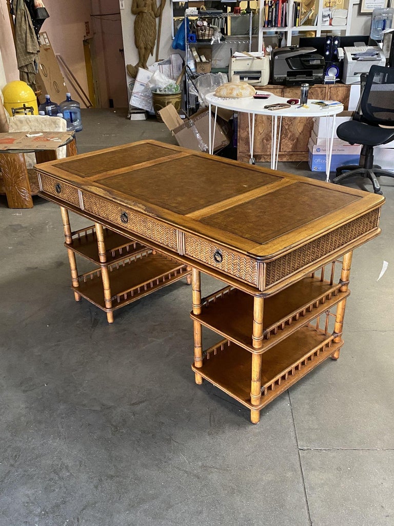 High Style Transatlantic Rattan Base Wicker Front Leather Top Desk at ...