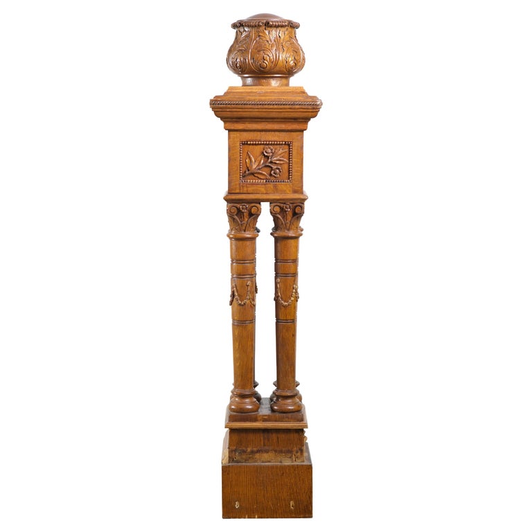 Highly Carved Oak 4 Corinthian Columns Newel Post Swags For Sale at 1stDibs