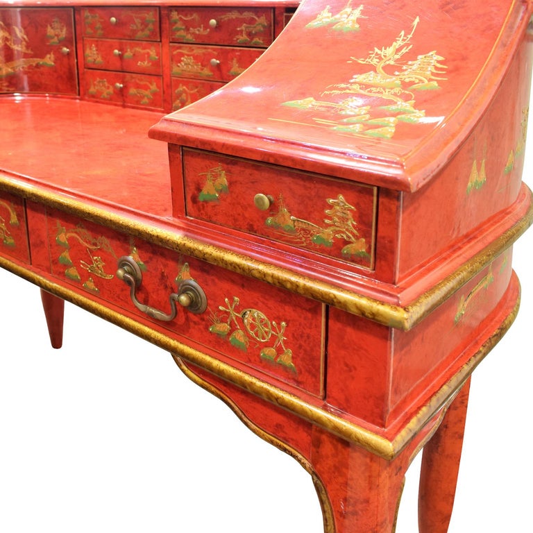 Highly Decorated Chinese Desk in Red Lacquer, 1950s For Sale at 1stDibs