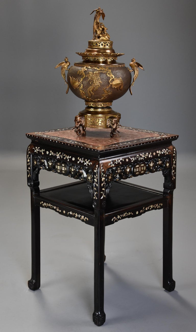 Highly Decorative Chinese Hardwood and Mother of Pearl Square Pot Stand ...