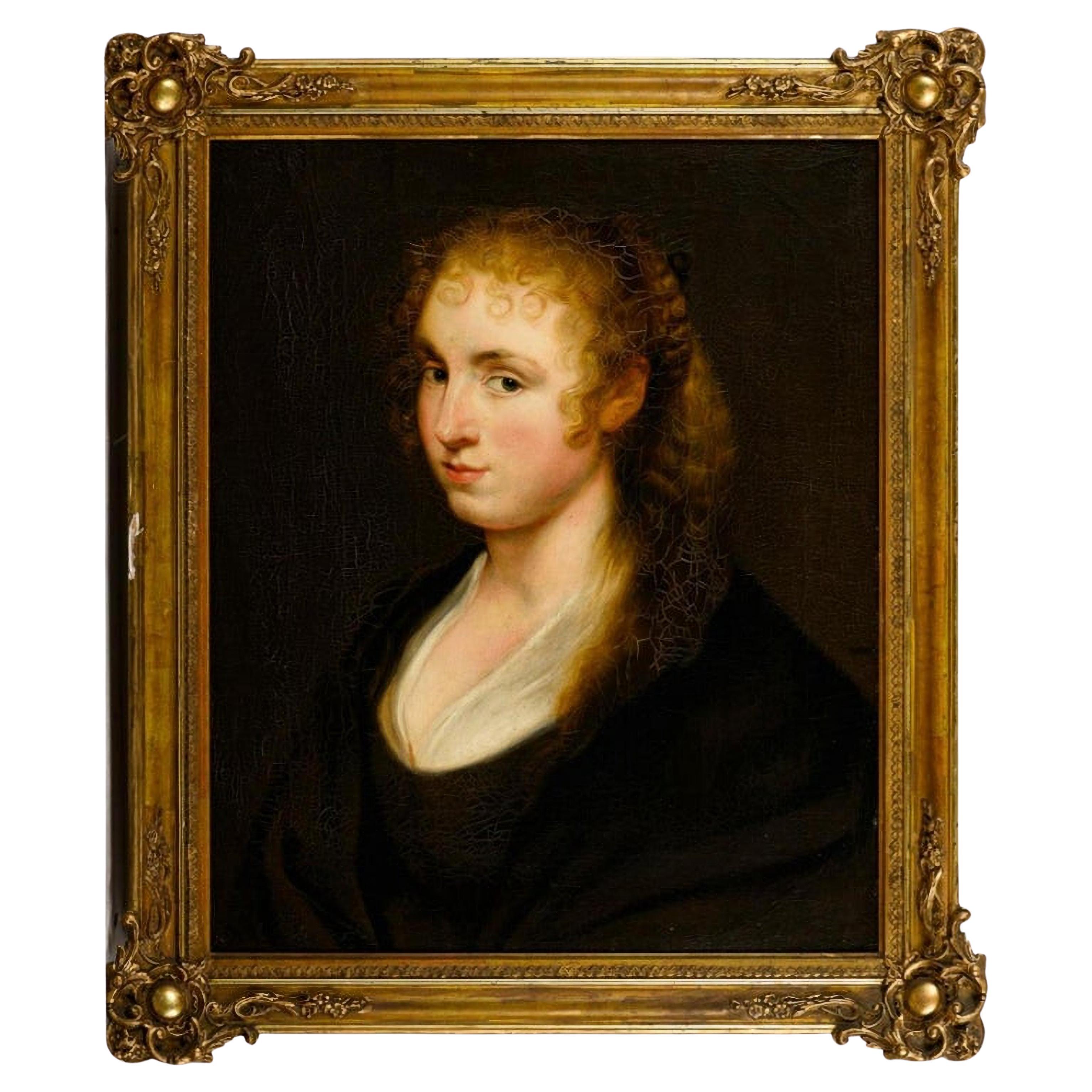British School, C. 1840 An Exceptional Quality Portrait “Lady in Green ...