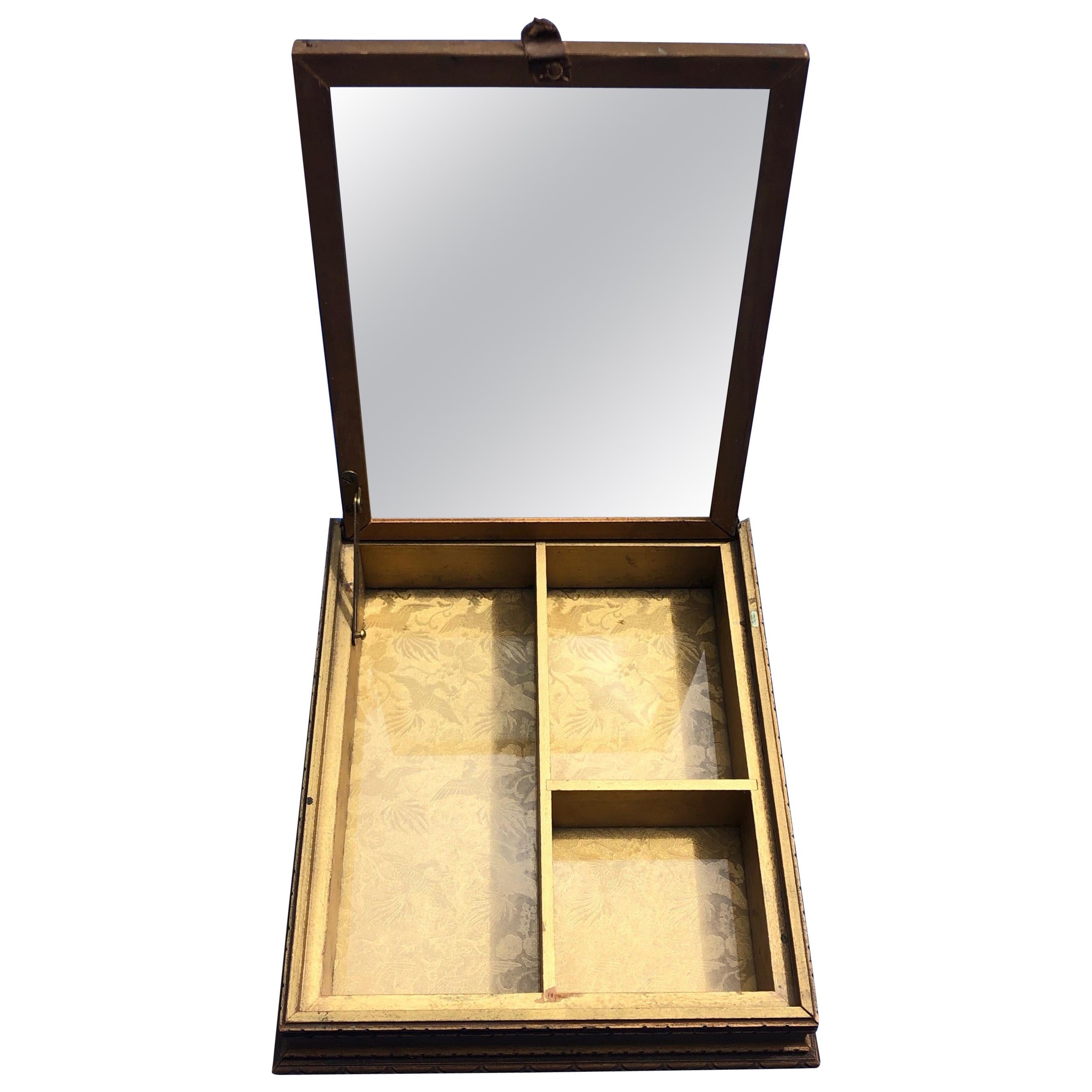 Hinged Wooden Box with Period Engraving on Top and Mirror and ...