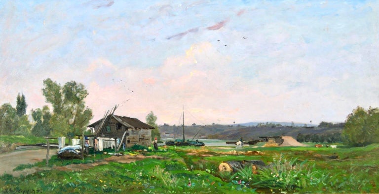 Hippolyte Camille Delpy - Paysage aux lavandieres - Barbizon Oil, River ...