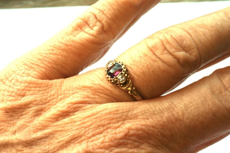 HM Birmingham 1868 Three Stone Ring with Center Garnet and Diamonds at ...
