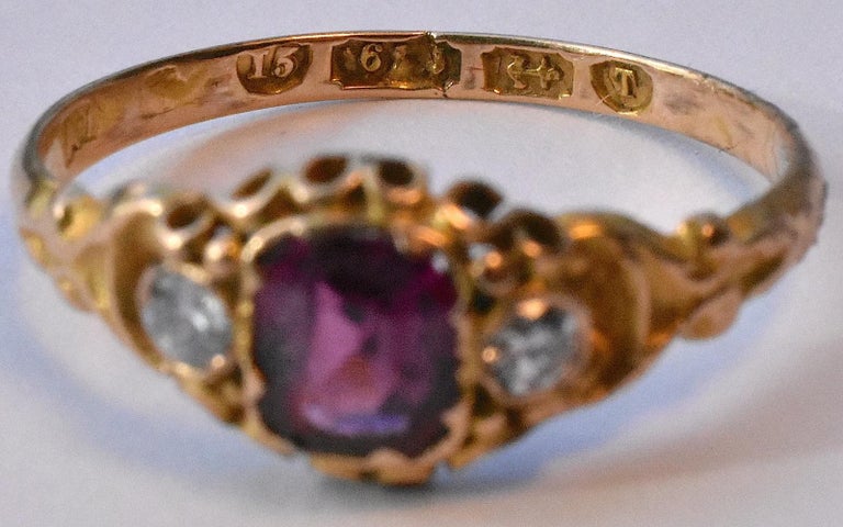 HM Birmingham 1868 Three Stone Ring with Center Garnet and Diamonds at ...