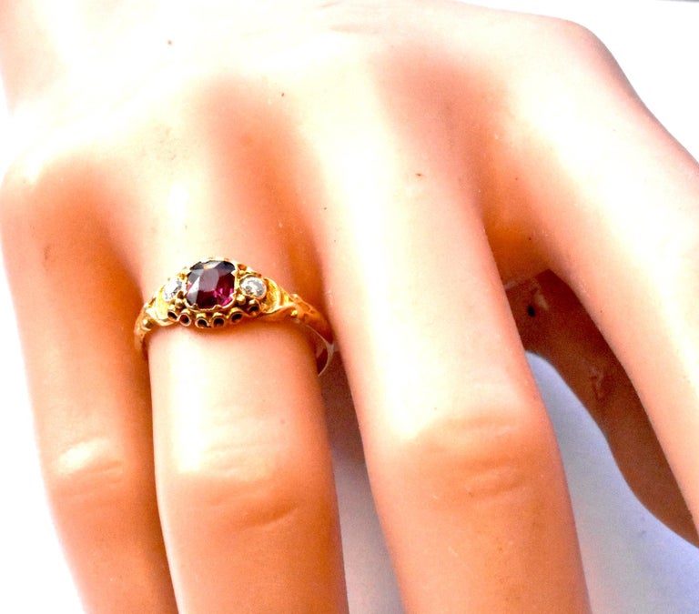 HM Birmingham 1868 Three Stone Ring with Center Garnet and Diamonds at ...