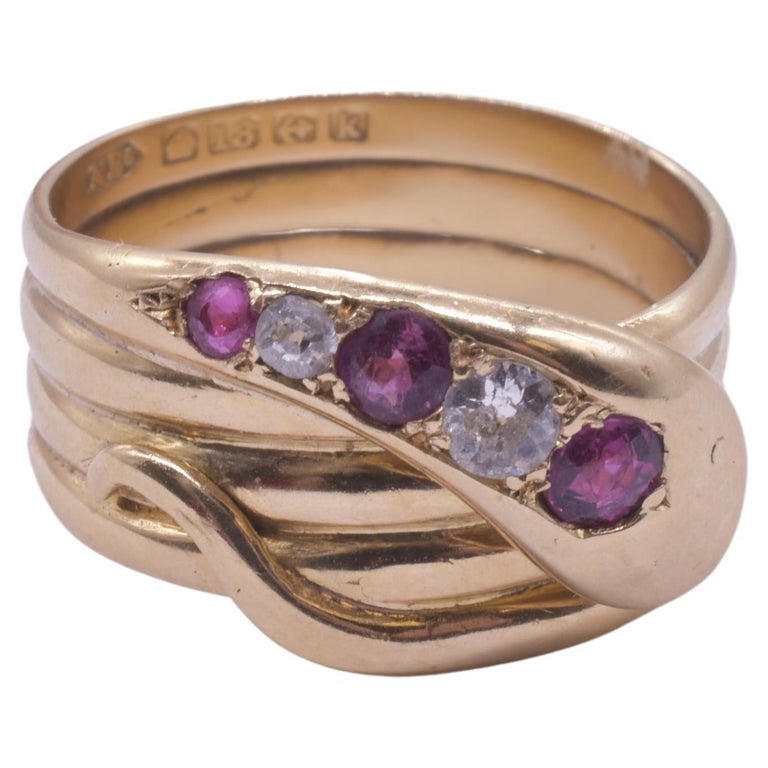 HM Birmingham 1909 Quadruple Band Ruby and Diamond Snake Ring For Sale ...