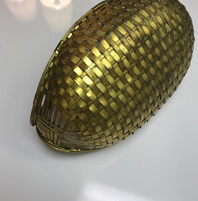 Vintage Flat Brass Decorative Woven Basket with Handle at 1stDibs