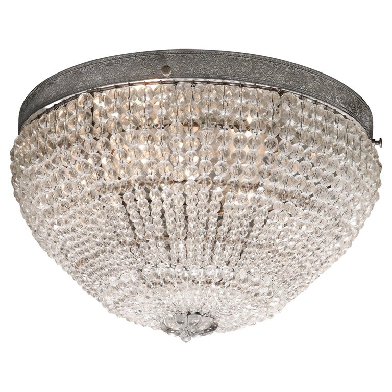 Hollywood Regency Beaded Crystal Flush Mount Chandelier With Silvered ...