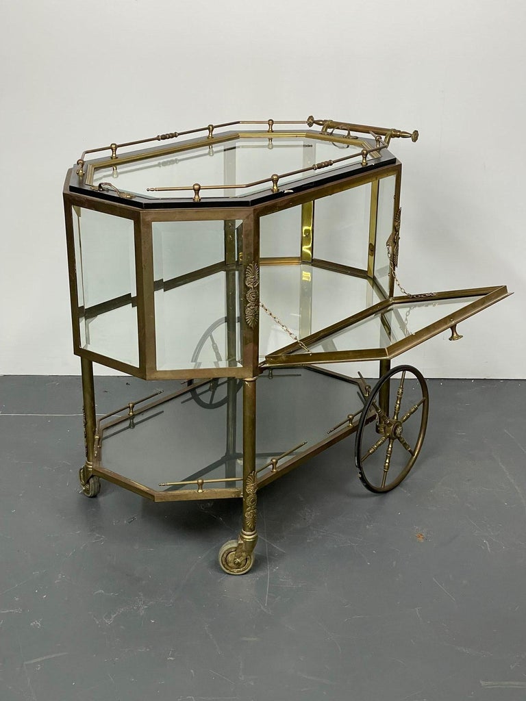 Hollywood Regency Beveled Glass, Bronze, Tea Wagon / Serving Cart / Bar Cart For Sale at 1stDibs