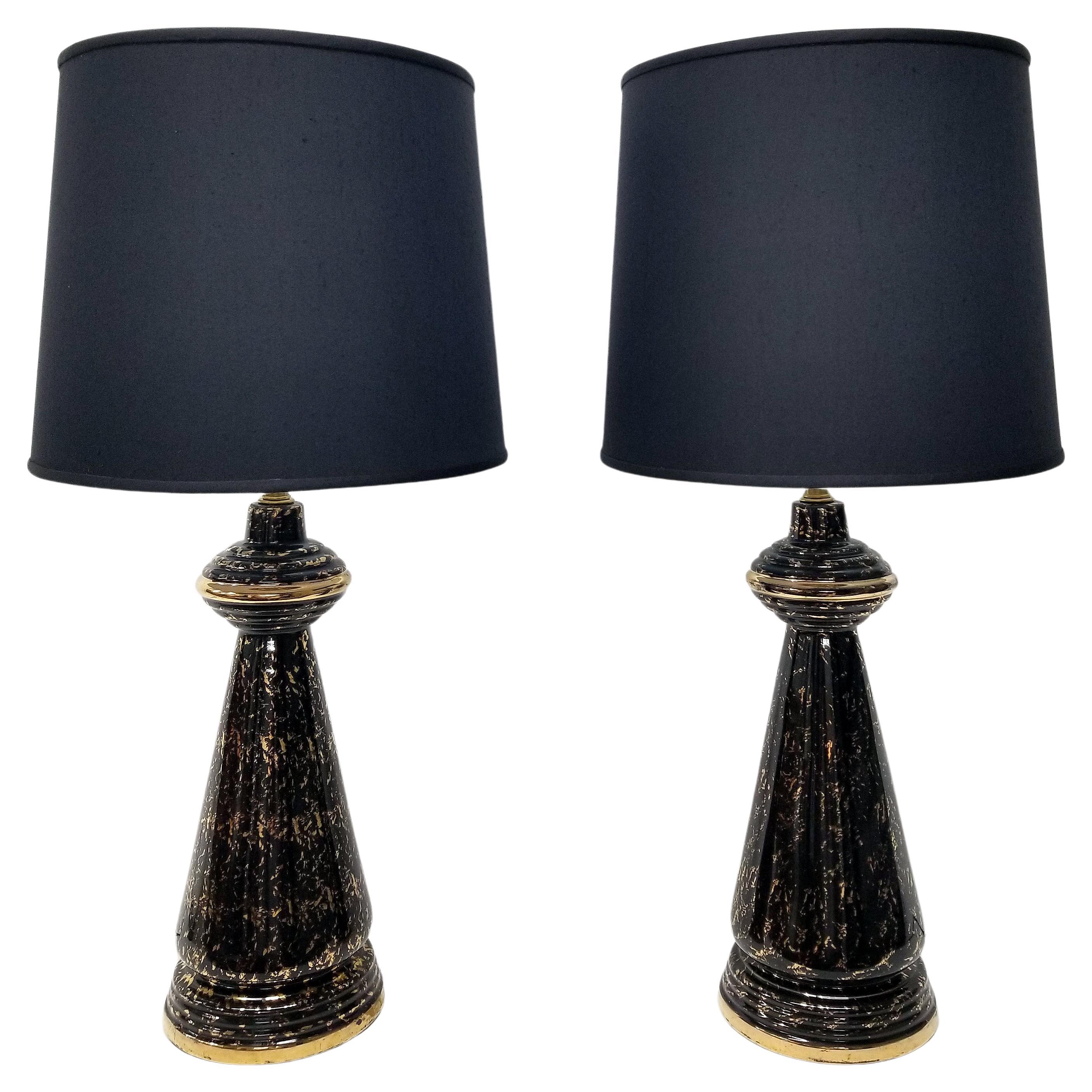 Hollywood Regency Black and Gold Table Lamps - a Pair For Sale at 1stDibs