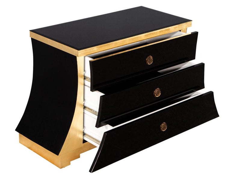 Hollywood Regency Black Glass and Gold Leaf Curved Commode For Sale at ...