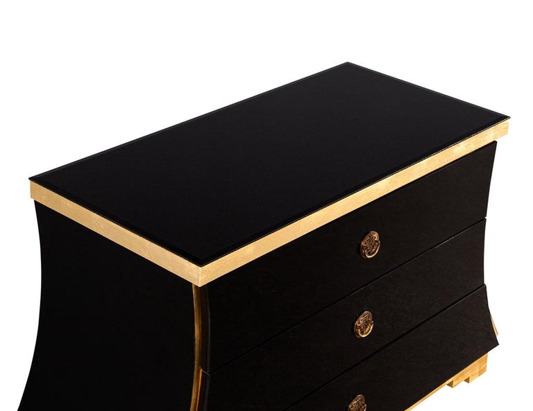 Hollywood Regency Black Glass and Gold Leaf Curved Commode For Sale at ...