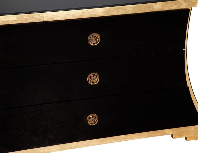 Hollywood Regency Black Glass and Gold Leaf Curved Commode For Sale at ...