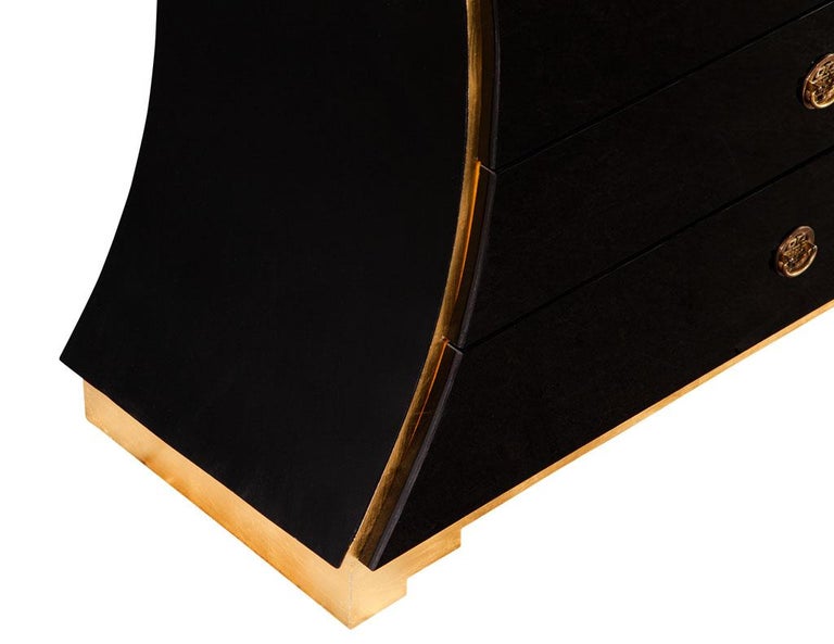 Hollywood Regency Black Glass and Gold Leaf Curved Commode For Sale at ...