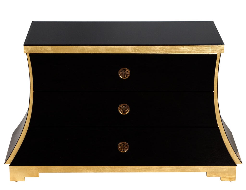 Hollywood Regency Black Glass and Gold Leaf Curved Commode For Sale at ...