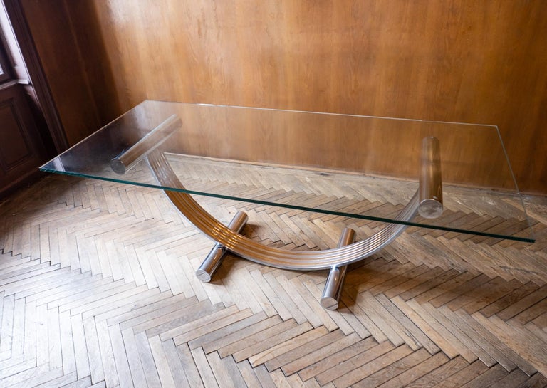 Hollywood Regency Brass Chrome Glass Table by Renato Zevi, Italy 1970s ...