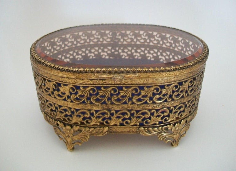 Hollywood Regency Brass Filigree and Glass Jewelry Box, France, Mid ...
