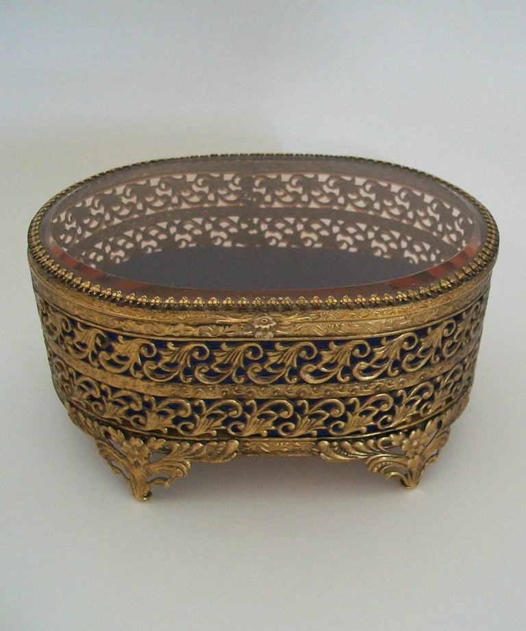 Hollywood Regency Brass Filigree and Glass Jewelry Box, France, Mid ...