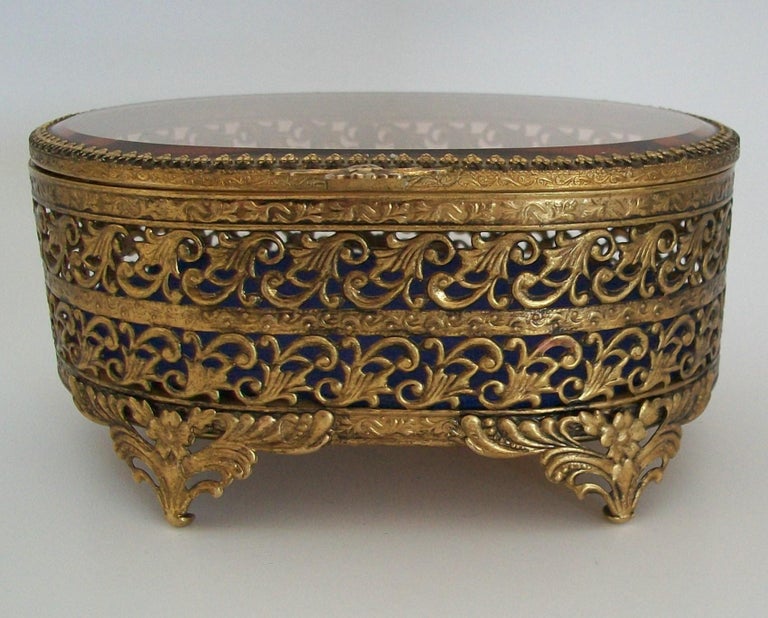 Hollywood Regency Brass Filigree and Glass Jewelry Box, France, Mid ...