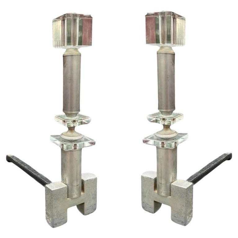 Hollywood Regency Crystal and Chrome "H" Fireplace Andirons, Pair For ...