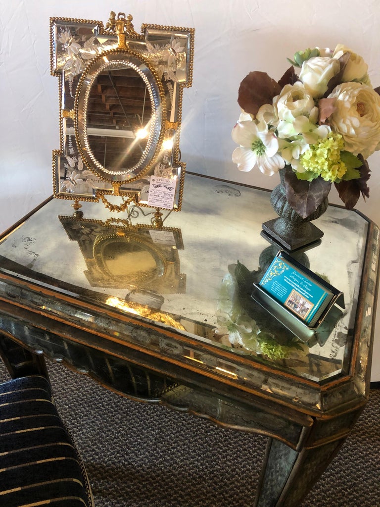 Hollywood Regency Distressed Beveled Mirror Single Draw End, Side Table ...
