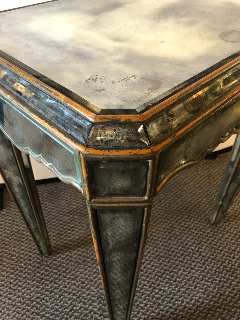 Hollywood Regency Distressed Beveled Mirror Single Draw End, Side Table ...