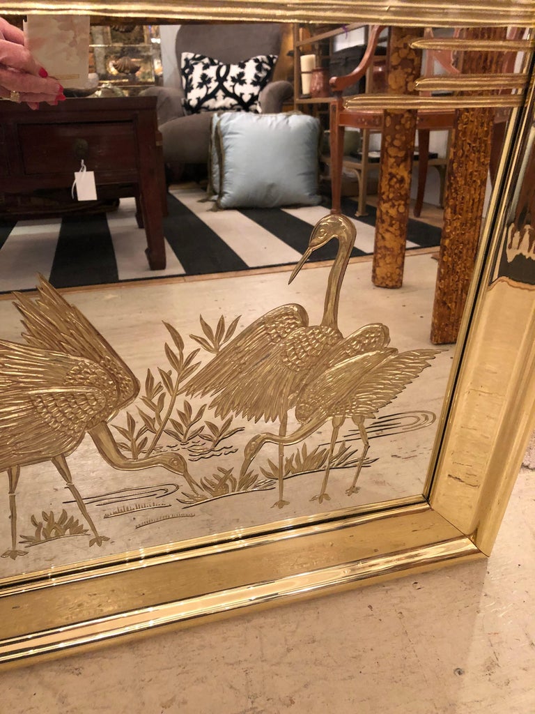 Hollywood Regency Etched Mirror with Gold Eglomise Decoration and Brass ...