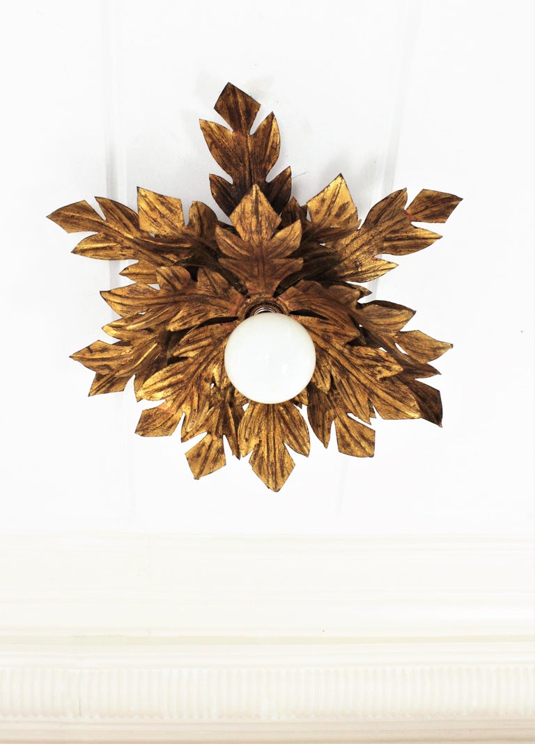 Hollywood Regency Flower Flush Mount Light Fixture in Gilt Metal For ...