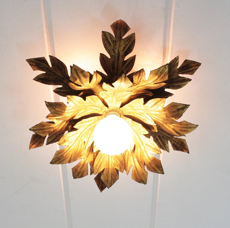 Hollywood Regency Flower Flush Mount Light Fixture in Gilt Metal For ...
