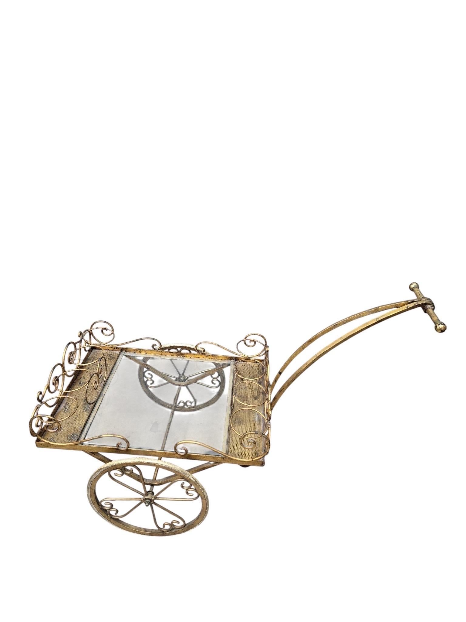 Hollywood Regency Gilt Iron Tea/Bar Cart on Wheels For Sale at 1stDibs