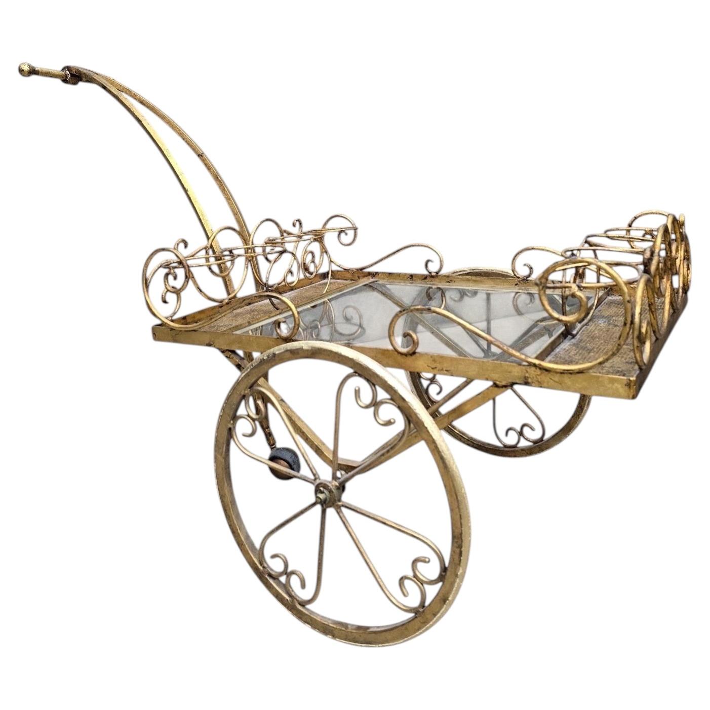 Hollywood Regency Gilt Iron Tea/Bar Cart on Wheels For Sale at 1stDibs